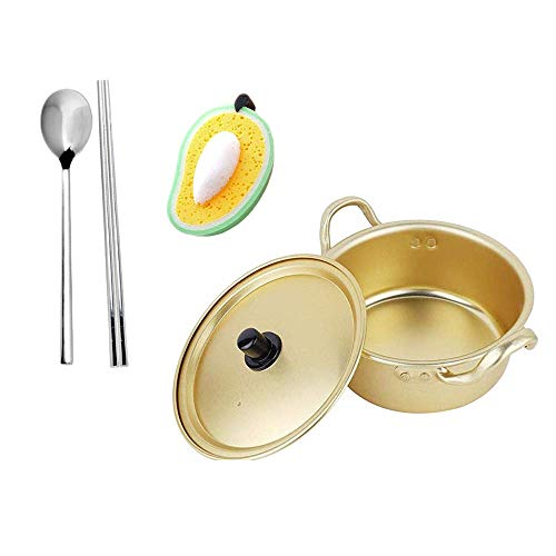 Korea Ramen Noodles Pot Set Yellow Pot + Sponge Dish Scrubber + Spoon & Chopsticks Yellow Aluminum Ramen Soup Pot Korean Yellow Aluminum Stockpot Instant Noodles Pot