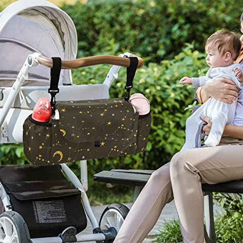 Kigai Star Moon Constellations Baby Stroller Organizer with Cup Holders, Secure Hooks Accessories Adjustable Strap Stroller Bag for Bottle, Diaper, Phone, Toys, Baby Items