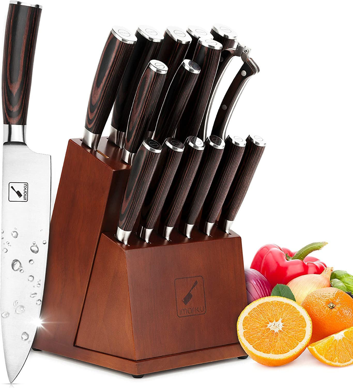 Kitchen Knife Set with Block, imarku 16-Piece Japanese Kitchen Knife Set, Ultra Sharp Stainless Steel Knife Set with Removable Block and Knife Brown
