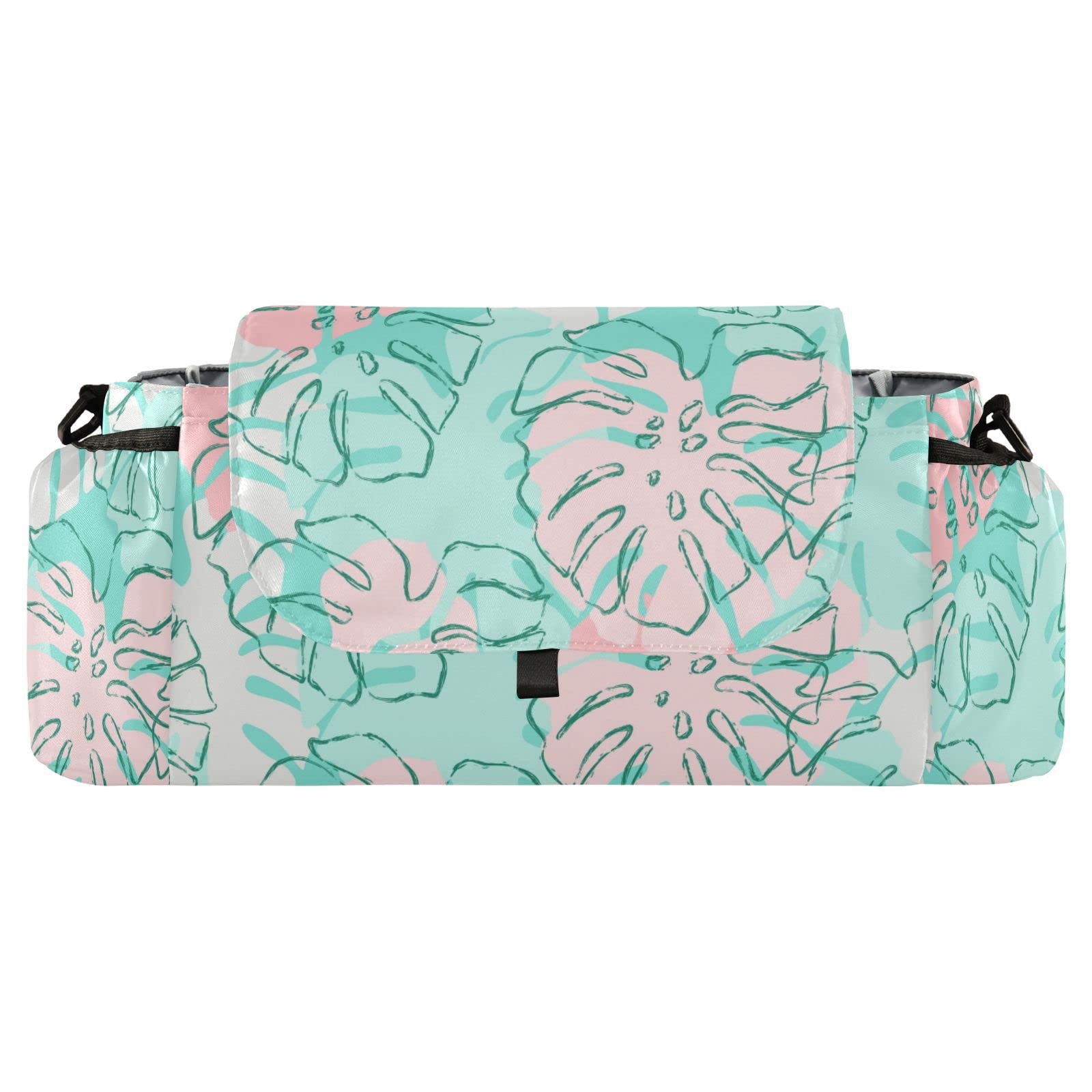 Kigai Monstera Leaf Baby Stroller Organizer with Cup Holders, Secure Hooks Accessories Adjustable Strap Stroller Bag for Bottle, Diaper, Phone, Toys, Baby Items