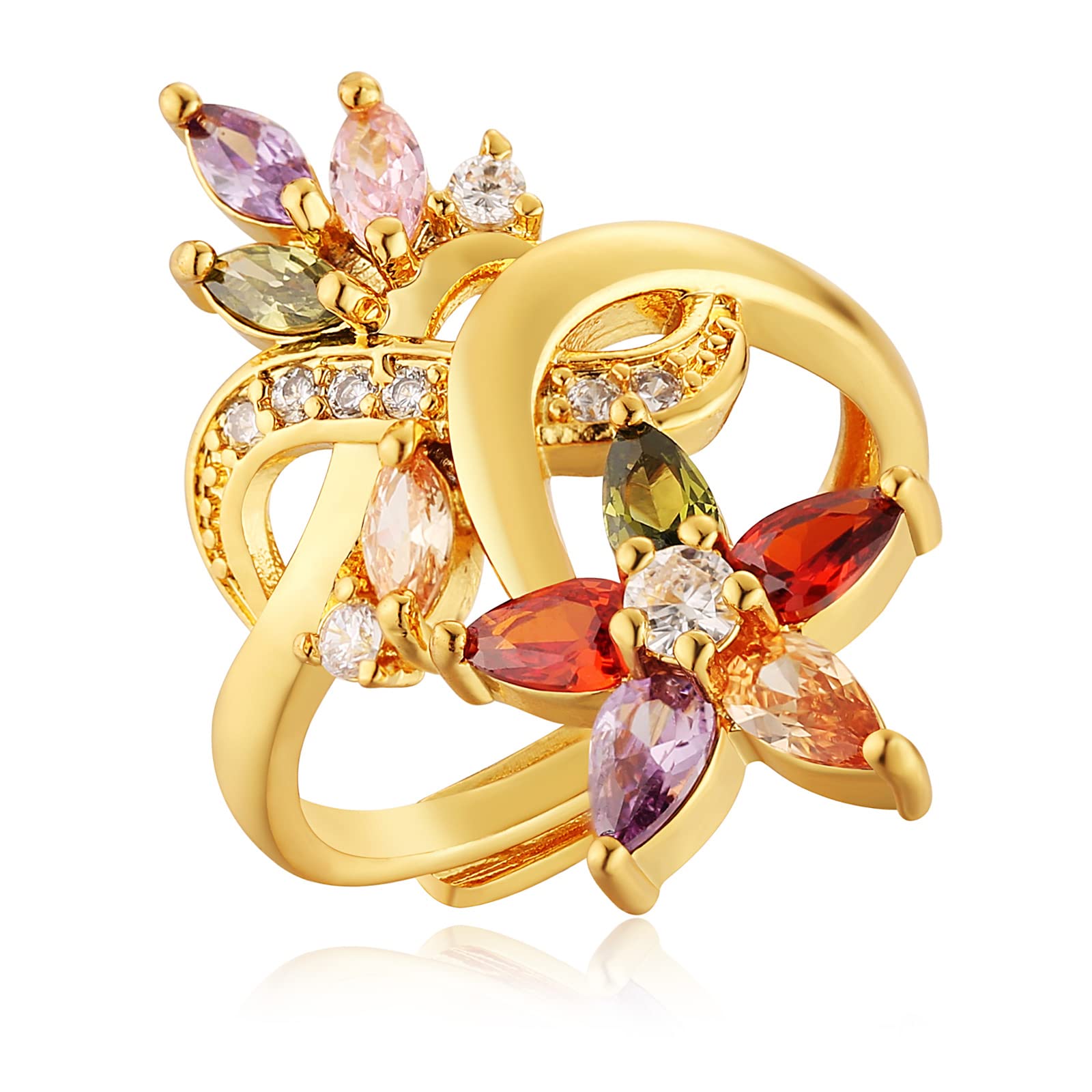 HZMAN Women's Gold Plated Ring Delicate Cubic Zirconia Colorful Flowers Adjustable Stacking Wedding Rings (knot)
