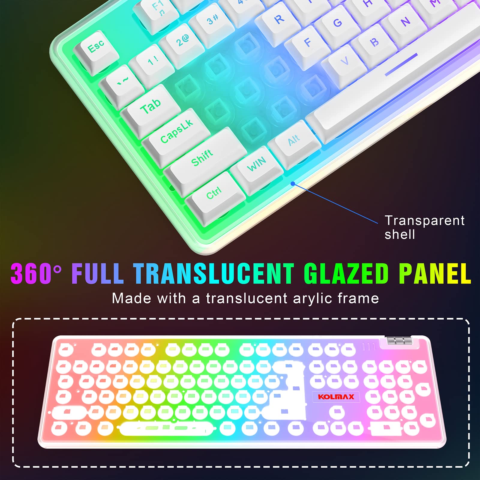 KOLMAX K10 Wireless Gaming Keyboard and Mouse Combo,Rechargeable 2.4G Transparent RGB Backlit Mechanical Feel Keyboard with PBT Keycap,Ergonomic Wireless Office Keyboard Mouse Set for PC Mac Win
