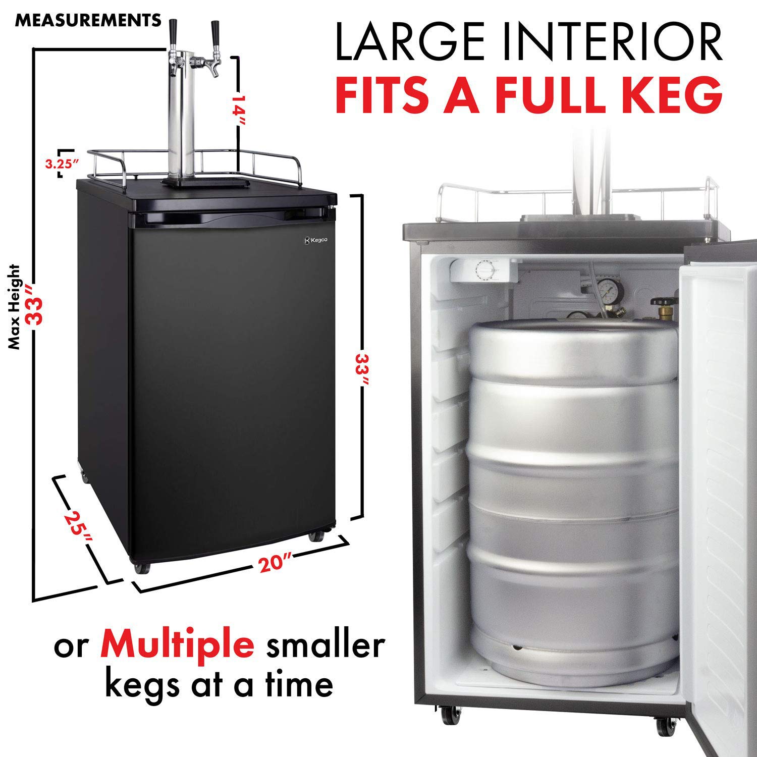 Kegco K199B-2P Kegerator Two Keg Beer Cooler - Premium Double Faucet D System Kit - Black Door