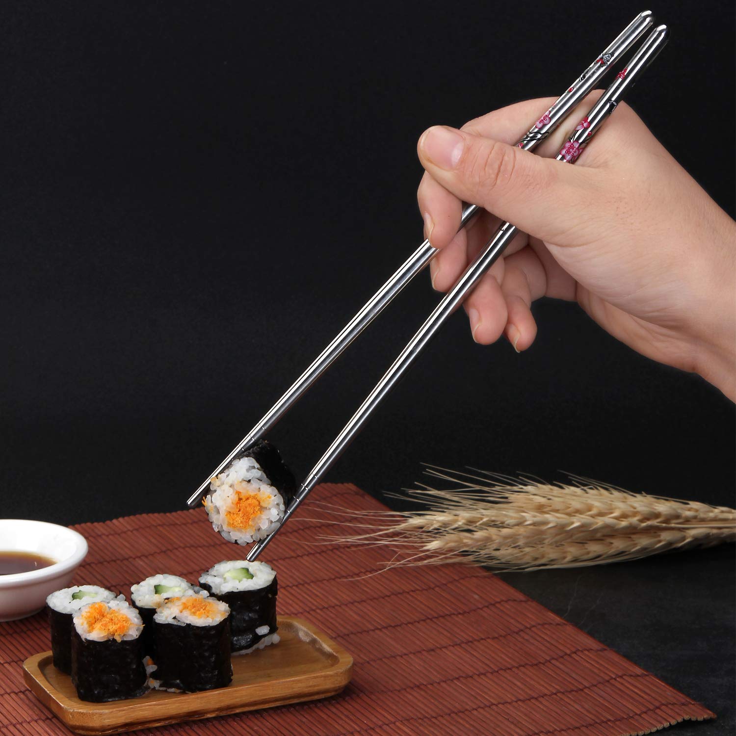 HuaLan Stainless Steel Chopsticks, Metal Alloy Chopstick, Reusable Non-slip Design Chop Sticks, 5 Pairs Gift Set,Plum Pattern Design
