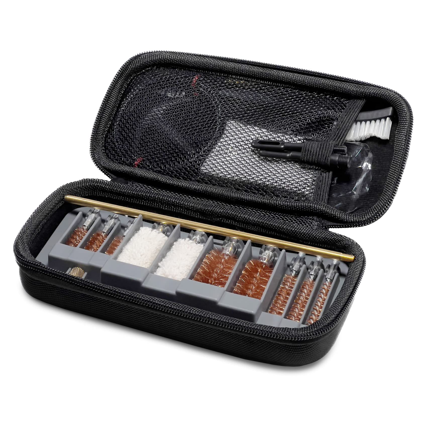 GRITR Universal Multi-Caliber Gun Cleaning Kit | 12 Ga/20 Ga/.22 Cal (223/5.56) Pistol, Rifle & Shotgun Cleaner Supplies Set w/EVA Carrying Case | Bronze Brushes, Cotton Mops, Rod, Cleaning Patches