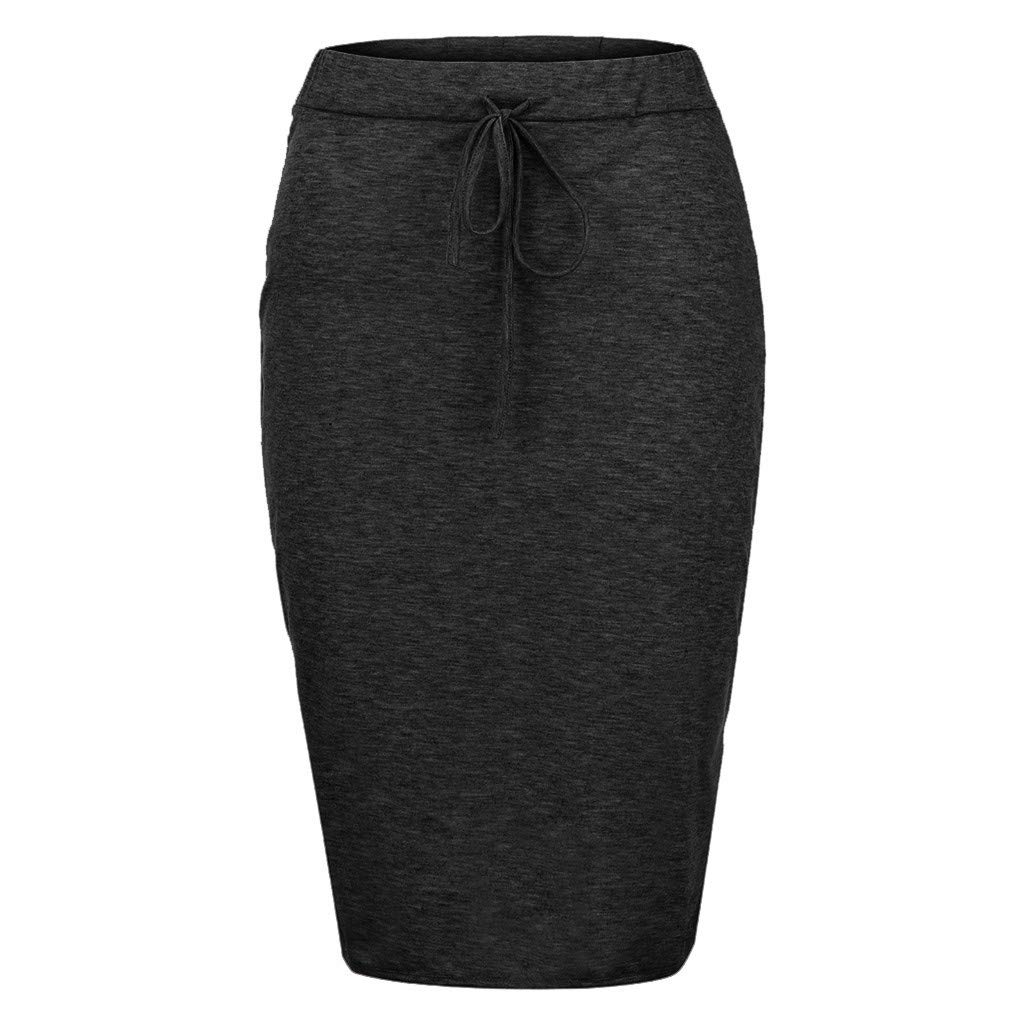 High Waist Skirts for Women Stripe Elastic Drawstring Casual Fashion Midi Skirt (L, Solid-Black)