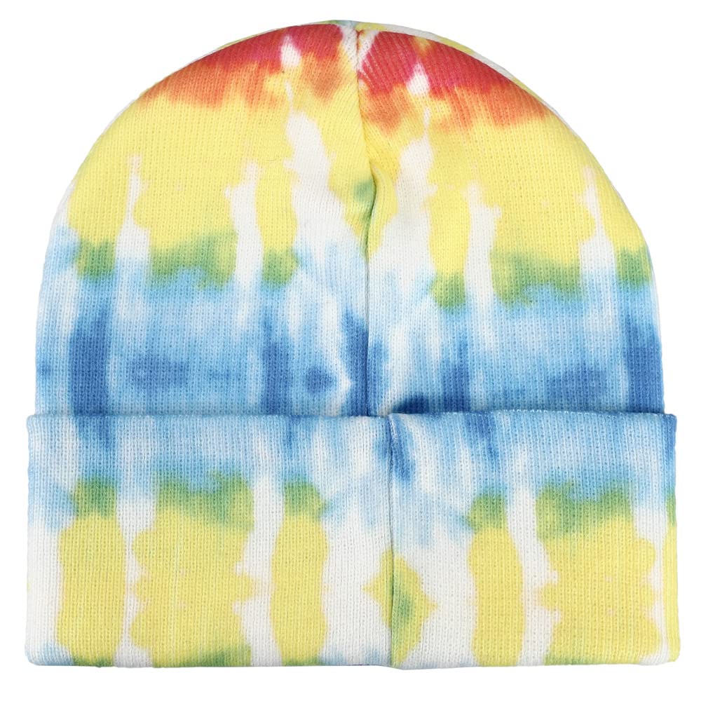 Grateful Dead Bears Cuffed Embroidery on Bright Rainbow Tie Dye Knitted Unisex Beanie Hat for Men