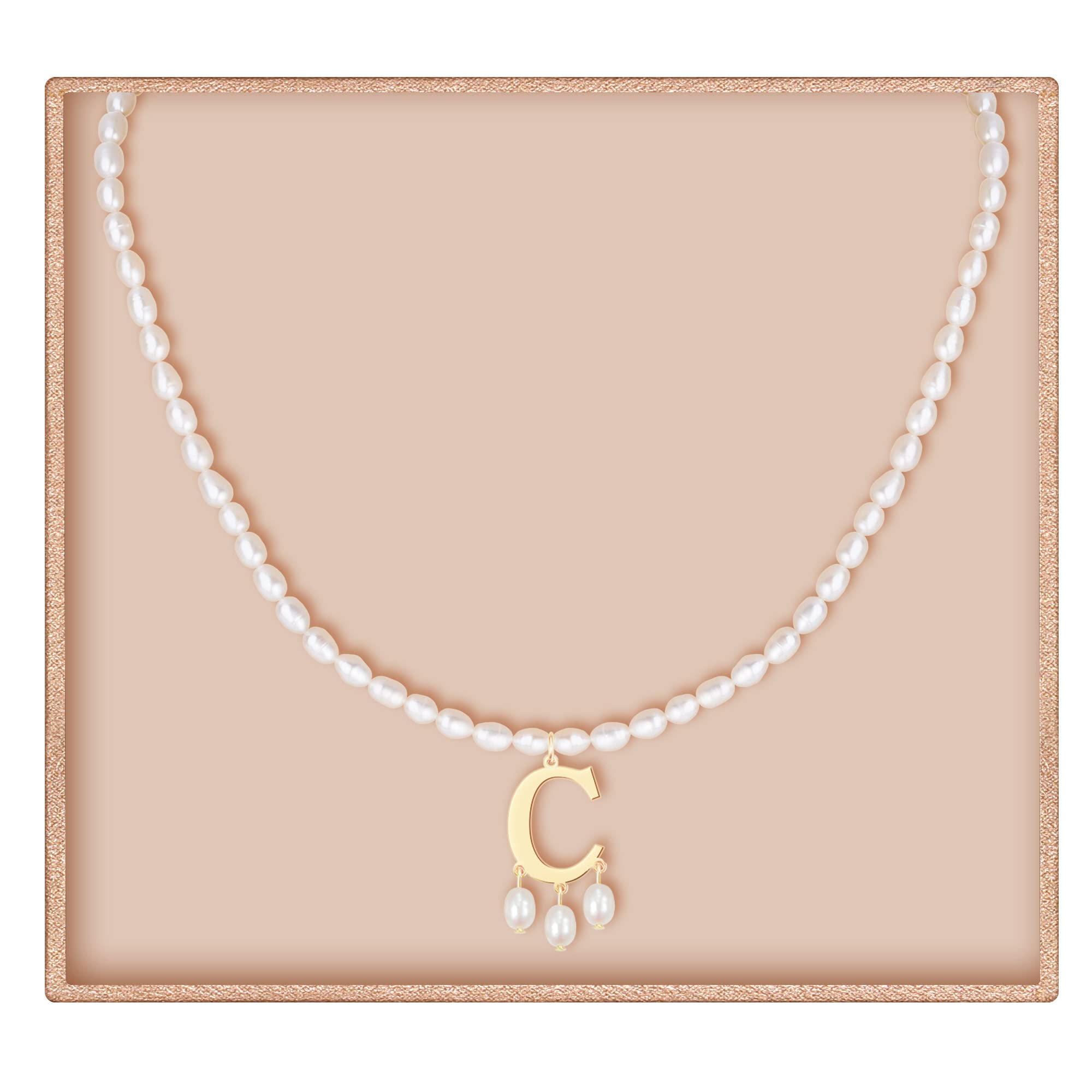 JSJOY Pearl Initial Necklaces for Women Mom Gifts from Daughters Gold Initial Necklace Freshwater Pearl Choker Necklace Letter C Necklace Mom Birthday Gifts High School Graduation Gifts