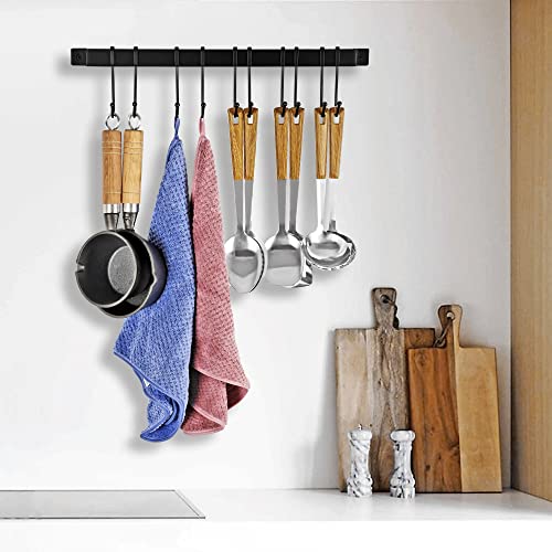 JEPRECO Kitchen Rail with 10 Hooks, Wall Mounted Iron Utensil Holder Hanging Pot Pan Rack Mug Cup Organizer,17 Inch Black