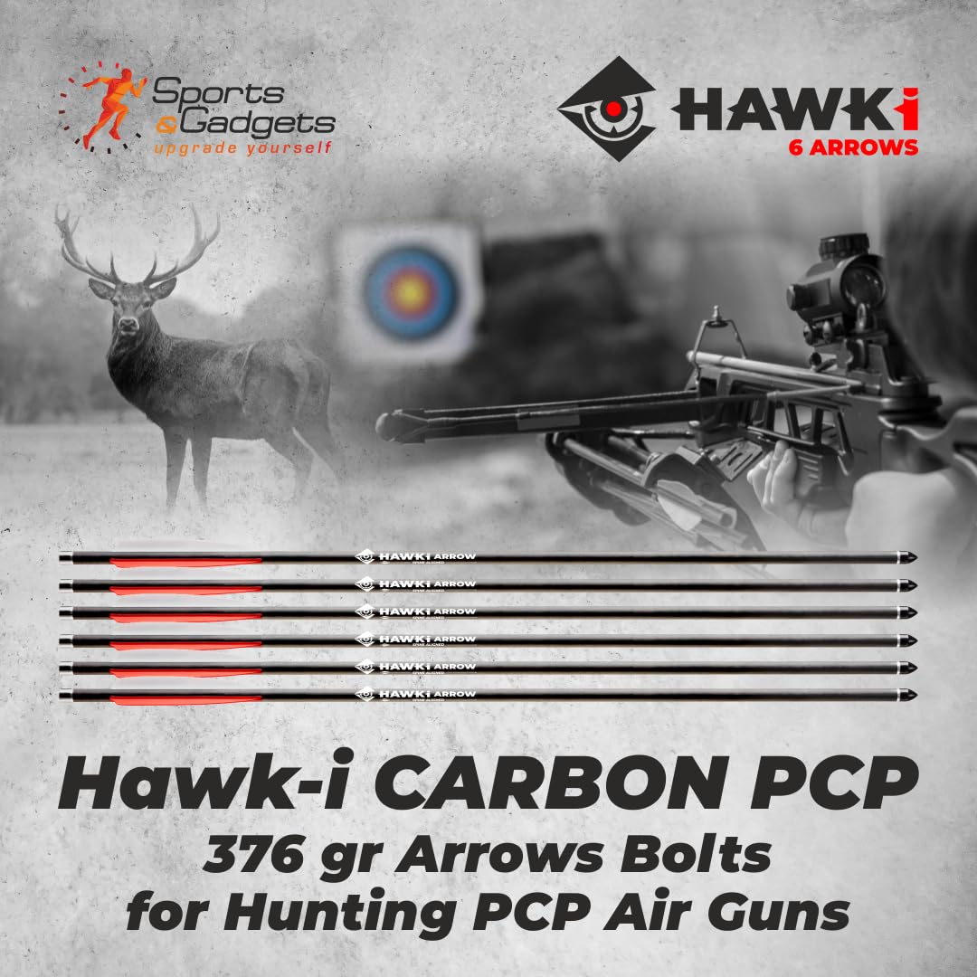 Hawki Carbon Arrow PCP 376gr 12 Arrows Bolts with 100 gr Field Tip for Hunting PCP Air Guns or Crossbows with Free 12 Pack Arrow Tail Nock