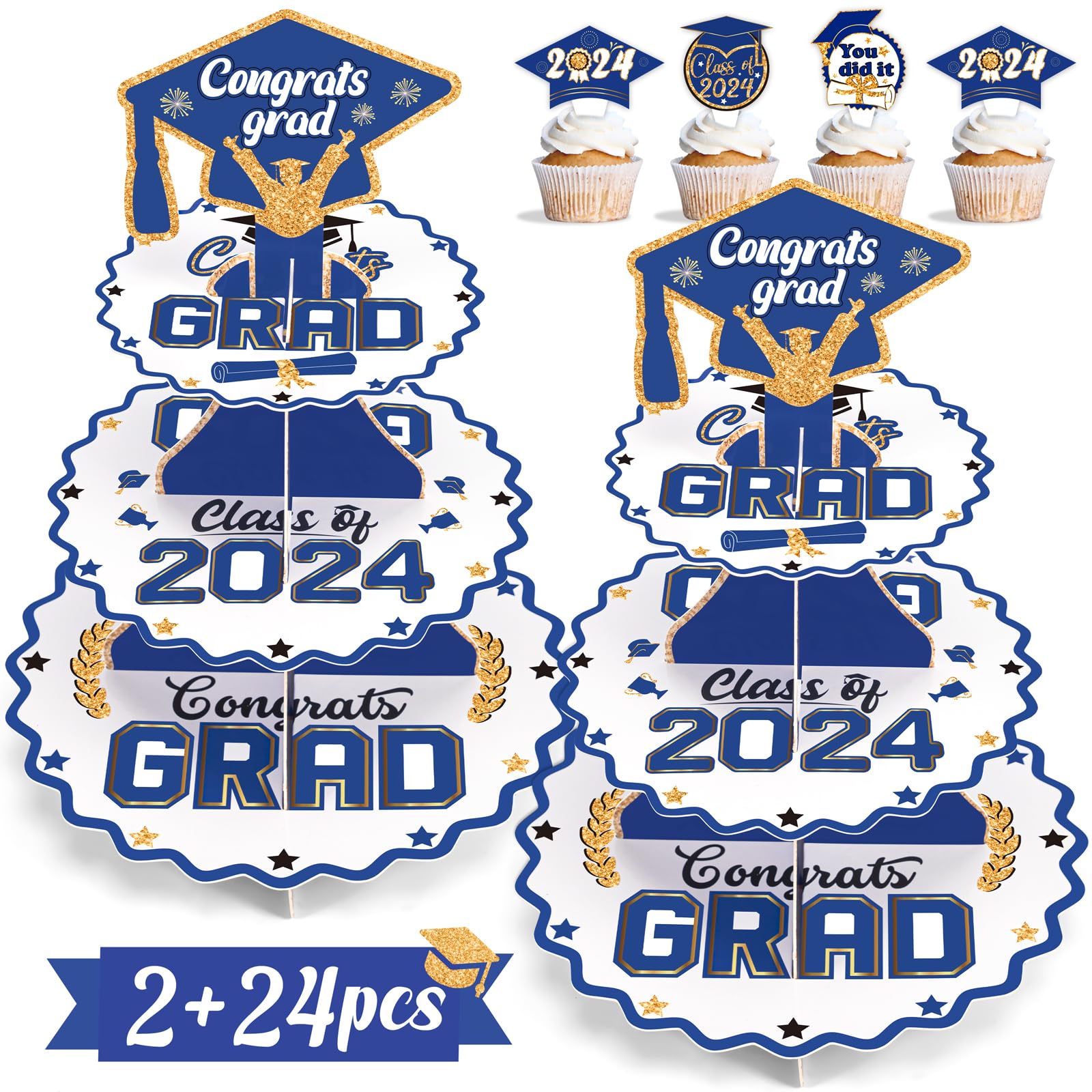 jollylife 2 Set Graduation Decorations Class of 2024 Blue and Gold Cupcake Stand,3-Tier Cardboard Congrats Grad Tower Plus 24 Cake Toppers Party Supplies Decor(Assembly Needed)