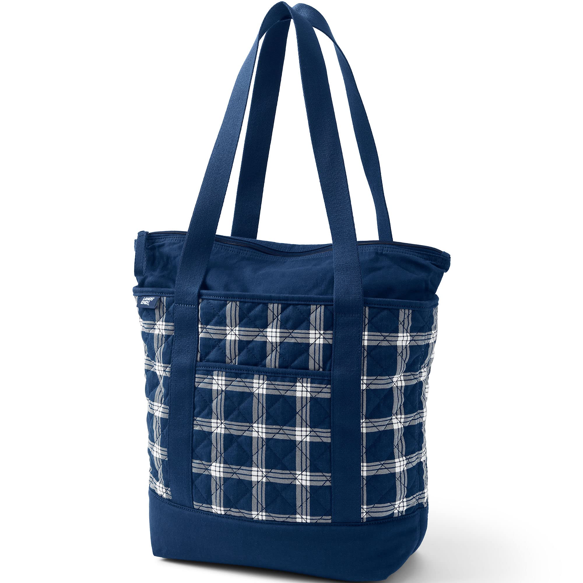 Lands' End Classic Quilted Tote Navy/ivory Founders Plaid Medium