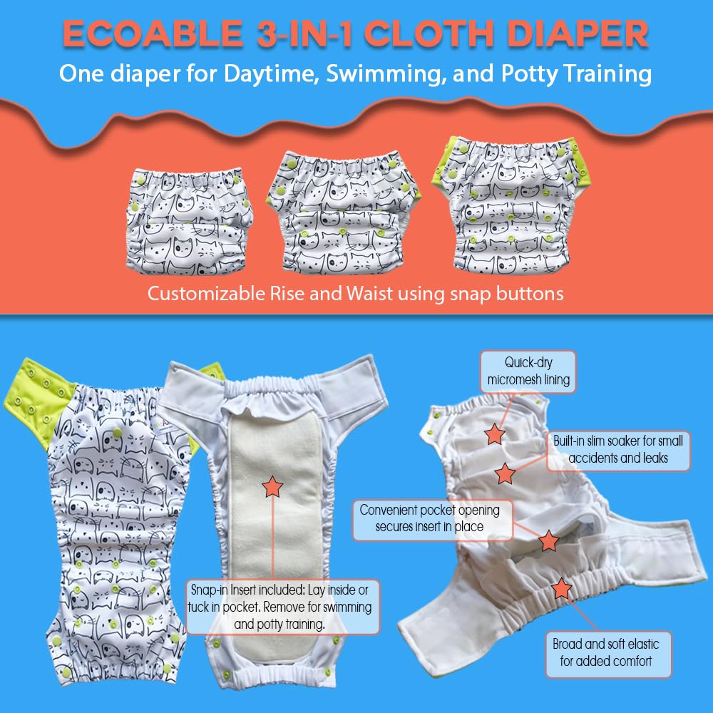 Hybrid Cloth Diaper - Reusable Training Pants, Swim Diaper, Special Needs Briefs, Fits from Baby up to 10 Years (Size 3, Marble)