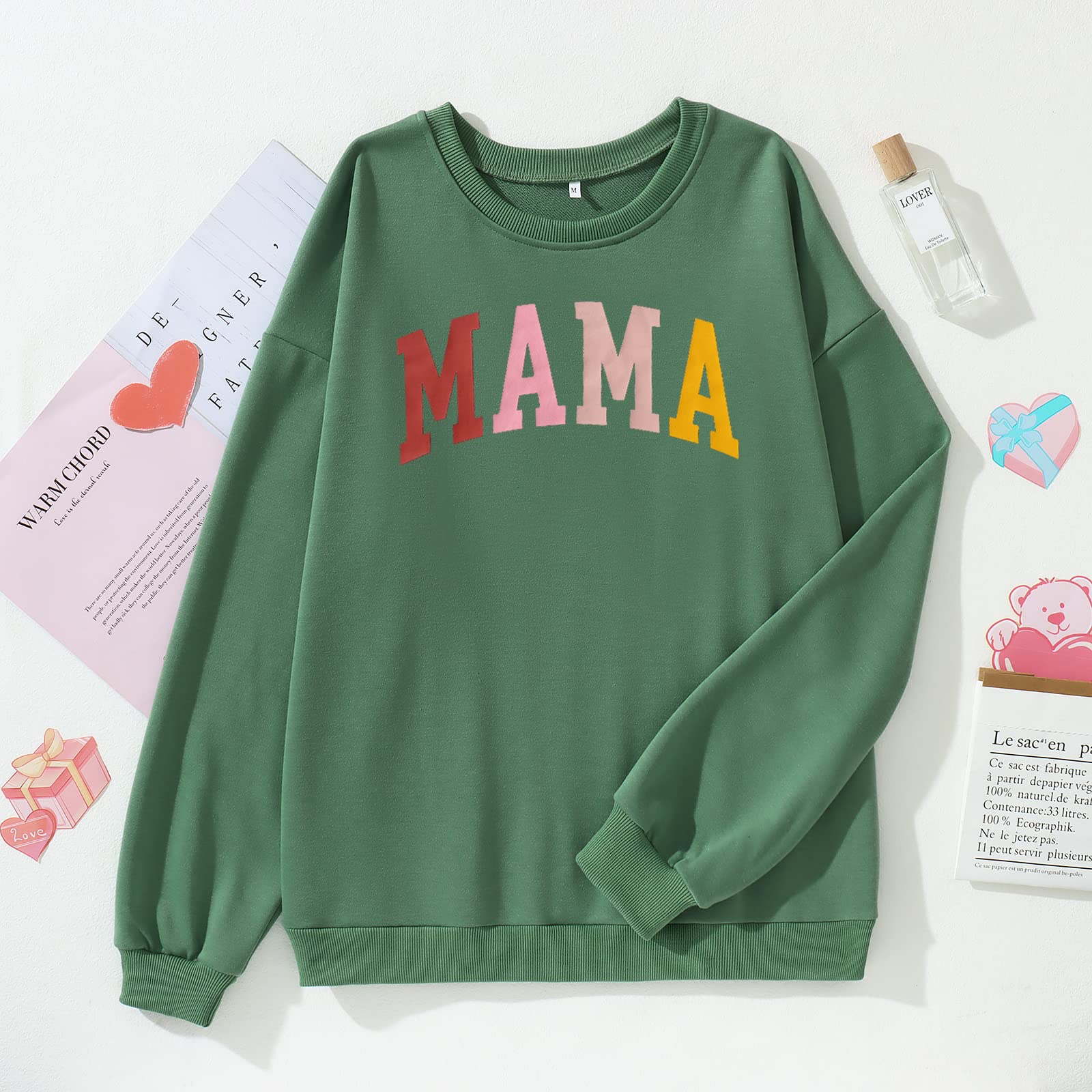 KEKEMI Mama Sweatshirt For Women Crewneck Mama Letter Print Pullover Tops Long Sleeve Mom Life Shirts Casual MAMA Graphic Top(Green-05,Small