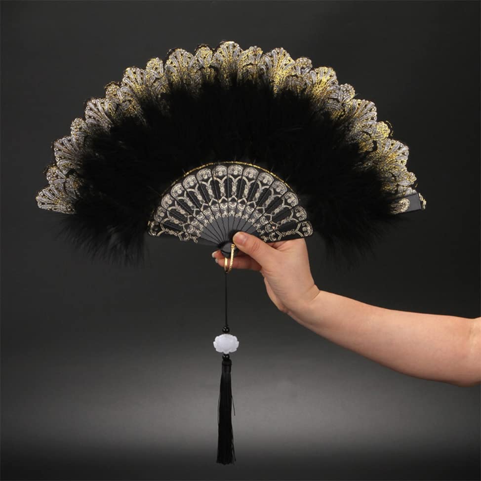 HONSHEN 2 Pack Embroidered Flower Marabou Feather Fan1920s Vintage Style Flapper Hand Fan for Costume Party Dancing (Feather Fan lace 2p Black)
