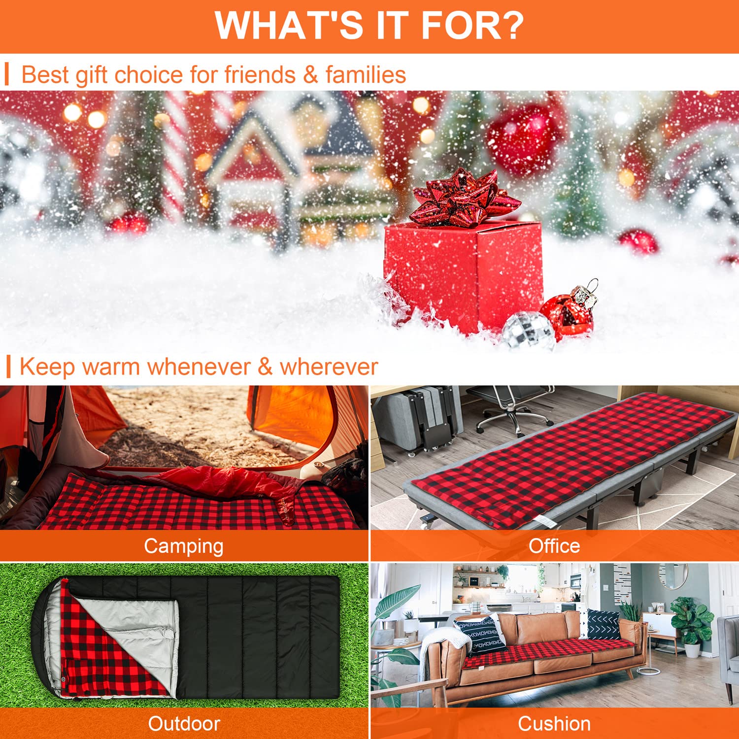 Heated Sleeping Bag Liner, Cotton Flannel Lined Sleeping Pad with 5V USB Power Support Heating Pad, Multifunctional Waterproof Heated Sleeping Pad for Cold Weather Camping, Backpacking or Hiking (Red)