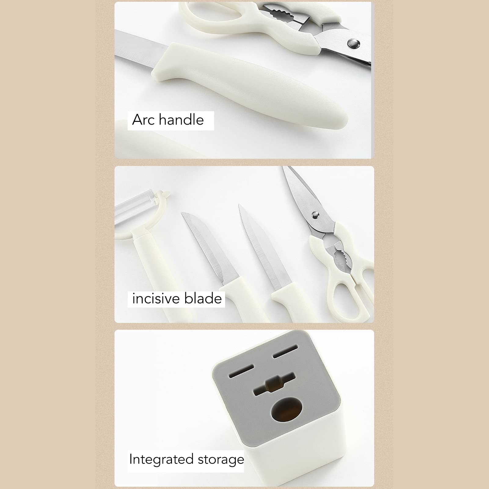 Knife Set with Block, 5 Piece Kitchen Knife Sets with Stainless Steel Knives Scissors and Peeler for Veg Fruit Meat Steak, Beige
