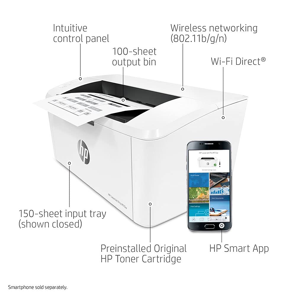 HP Laserjet Pro M15w C Single-Function Wireless Monochrome Laser Printer for Business Office - Print Only - 19 ppm, 600 x 600 dpi, 8.5" x 11" Letter, 150-sheet Capacity, Compatible with Alexa