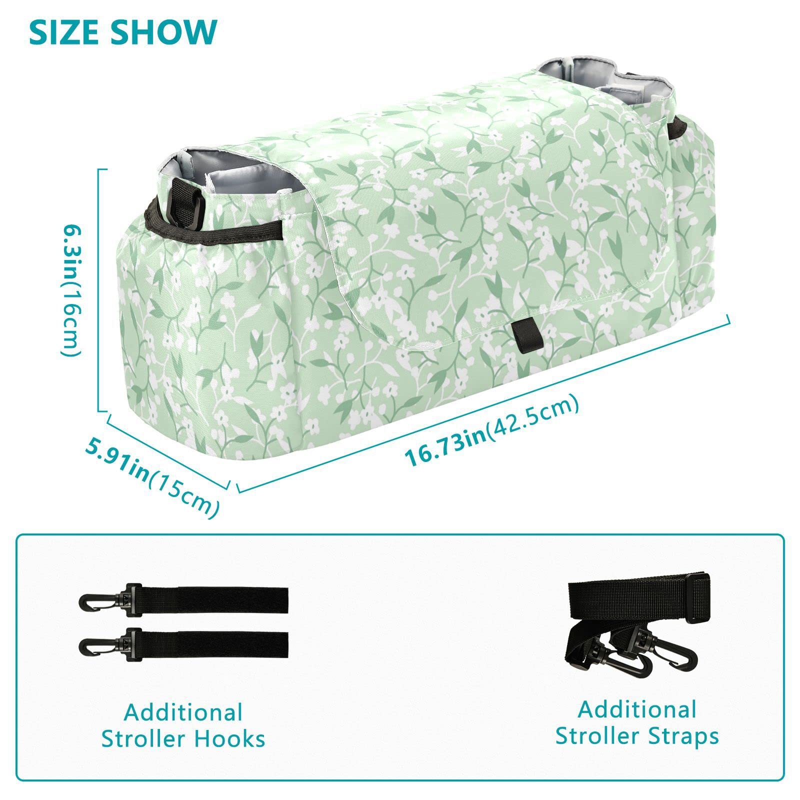 Kigai Small White Flowers Baby Stroller Organizer with Cup Holders, Secure Hooks Accessories Adjustable Strap Stroller Bag for Bottle, Diaper, Phone, Toys, Baby Items