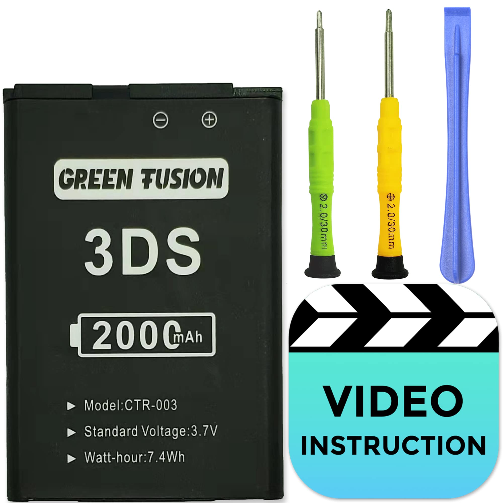 GREEN FUSION Upgrade 3DS & 2DS/2DS XL Battery Replacement (Not for New 3DS), CTR-003 Battery for Nintendo 2DS/2DS XL & 3DS 2000mAh, 3.7V with Repair Toolkit, Installation Guide