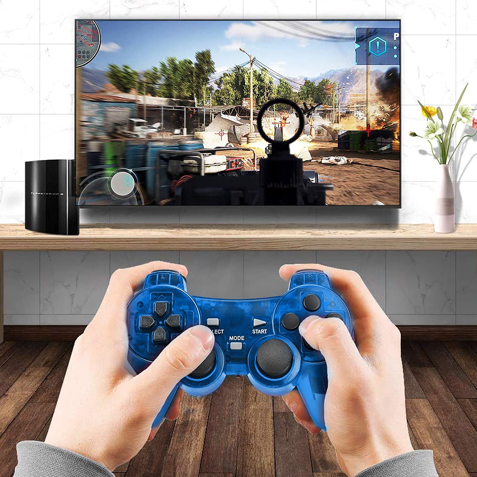 JINHOABF Wireless Controller for PS2,Built-in Dual Vibration 2.4G Gamepad Joystick Compatible for PS2 Controller,with Wireless Receivers (Clear Red and Blue)