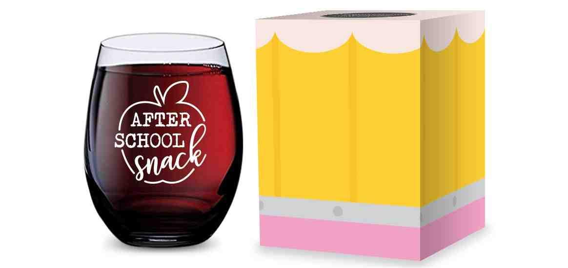 GSM Brands Stemless Wine Glass for Teachers (After School Snack) Made of Unbreakable Tritan Plastic and Dishwasher Safe - 16 ounces