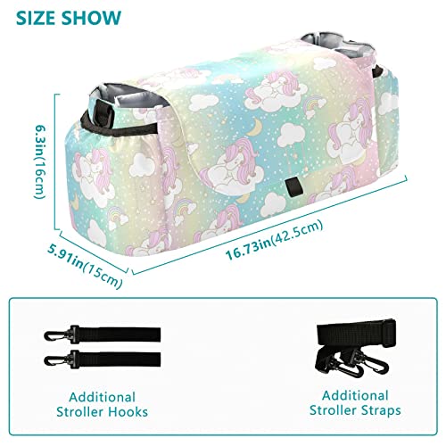 Kigai Unicorn Gradient Baby Stroller Organizer with Cup Holders, Secure Hooks Accessories Adjustable Strap Stroller Bag for Bottle, Diaper, Phone, Toys, Baby Items