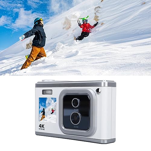 HD 4K Digital Camera, Autofocus Compact Digital Camera Dual Lens Dual Screen for Photography (White)