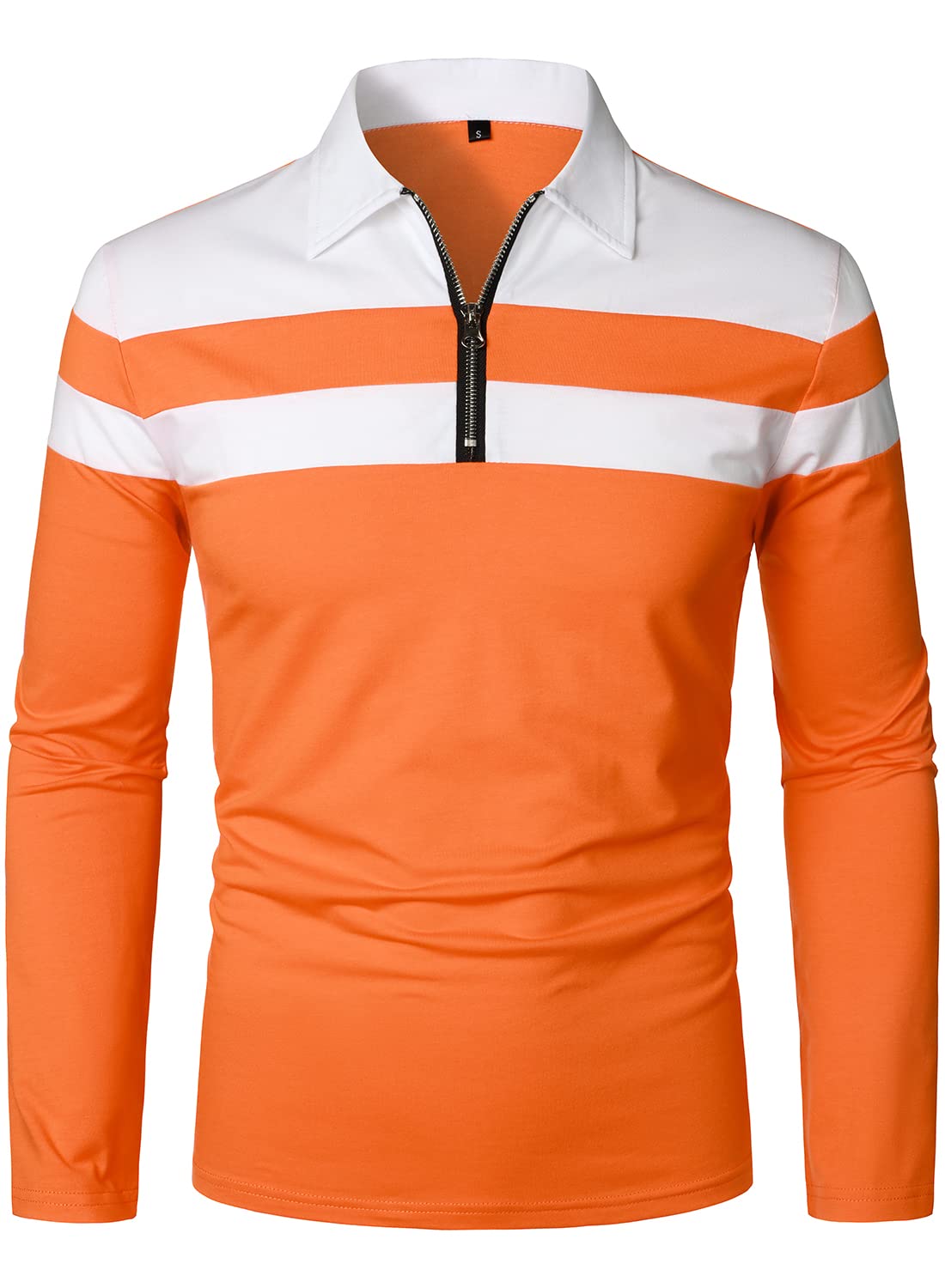 HOOD CREW Menâs Long Sleeve Polo Shirt Casual Slim Fit Shirts Contrast Color Patchwork T Shirts Cotton Tops Orange XXL