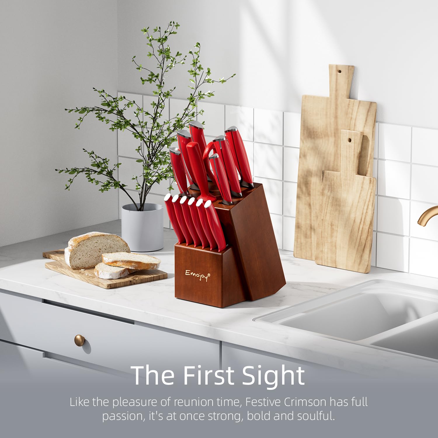 Knife Set, Emojoy 15 Piece Kitchen Knife Set with Block Wooden, German Stainless Steel Sharp Chef Knife Set with Sharpener, Dishwasher Safe and Rust Proof (kitchen knife set red)