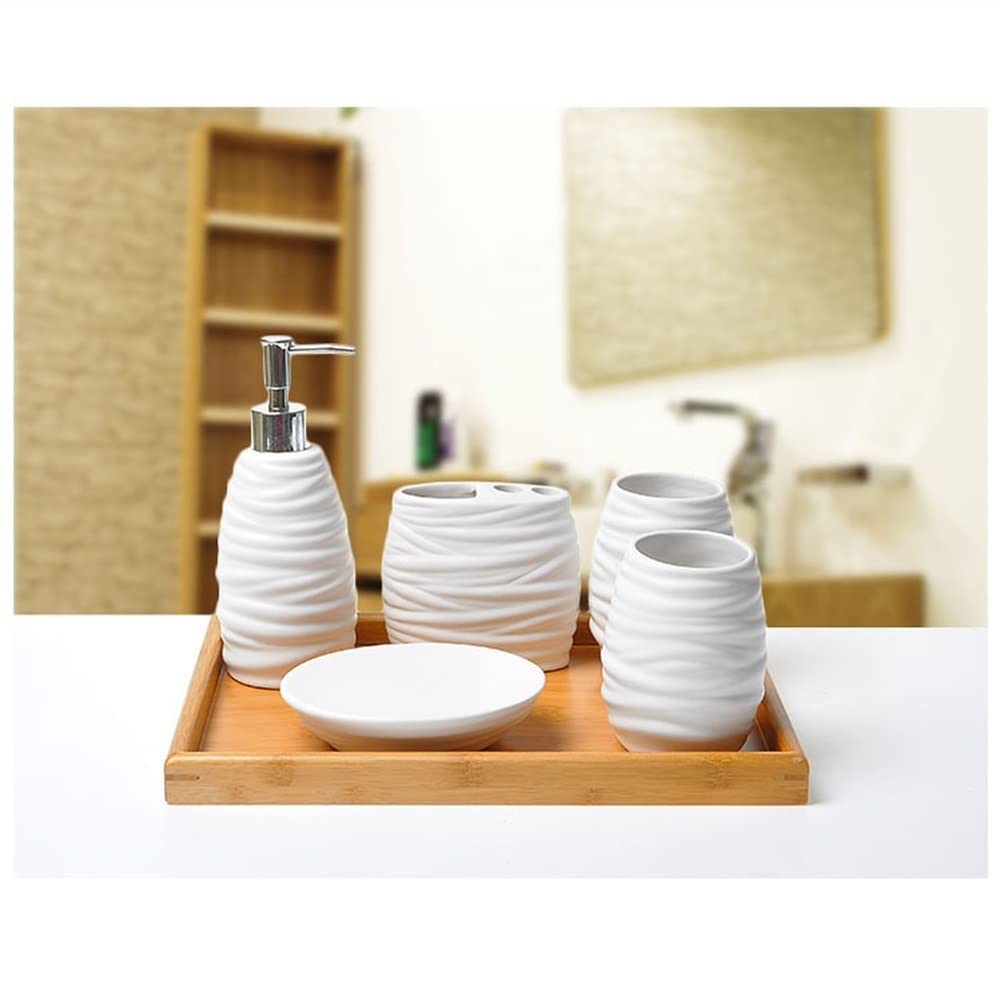 HNSYYUEYOU Soap Dispenser Set Creative Ceramic Soap Dispenser Wash Mouth Cup Toothbrush Cup Storage Soap Tray Bathroom Five-Piece Set (Color : White)