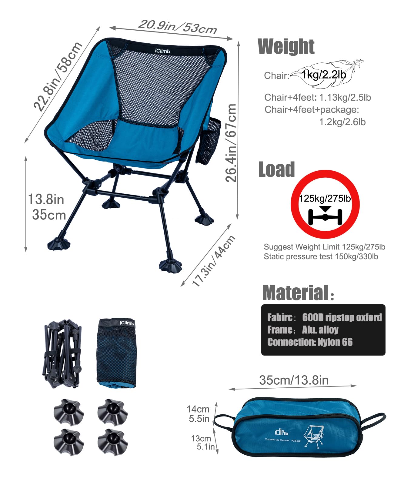iClimb Ultralight Compact Camping Folding Beach Chair with Anti-Sinking Large Feet and Back Support Webbing (Blue - Square Frame)