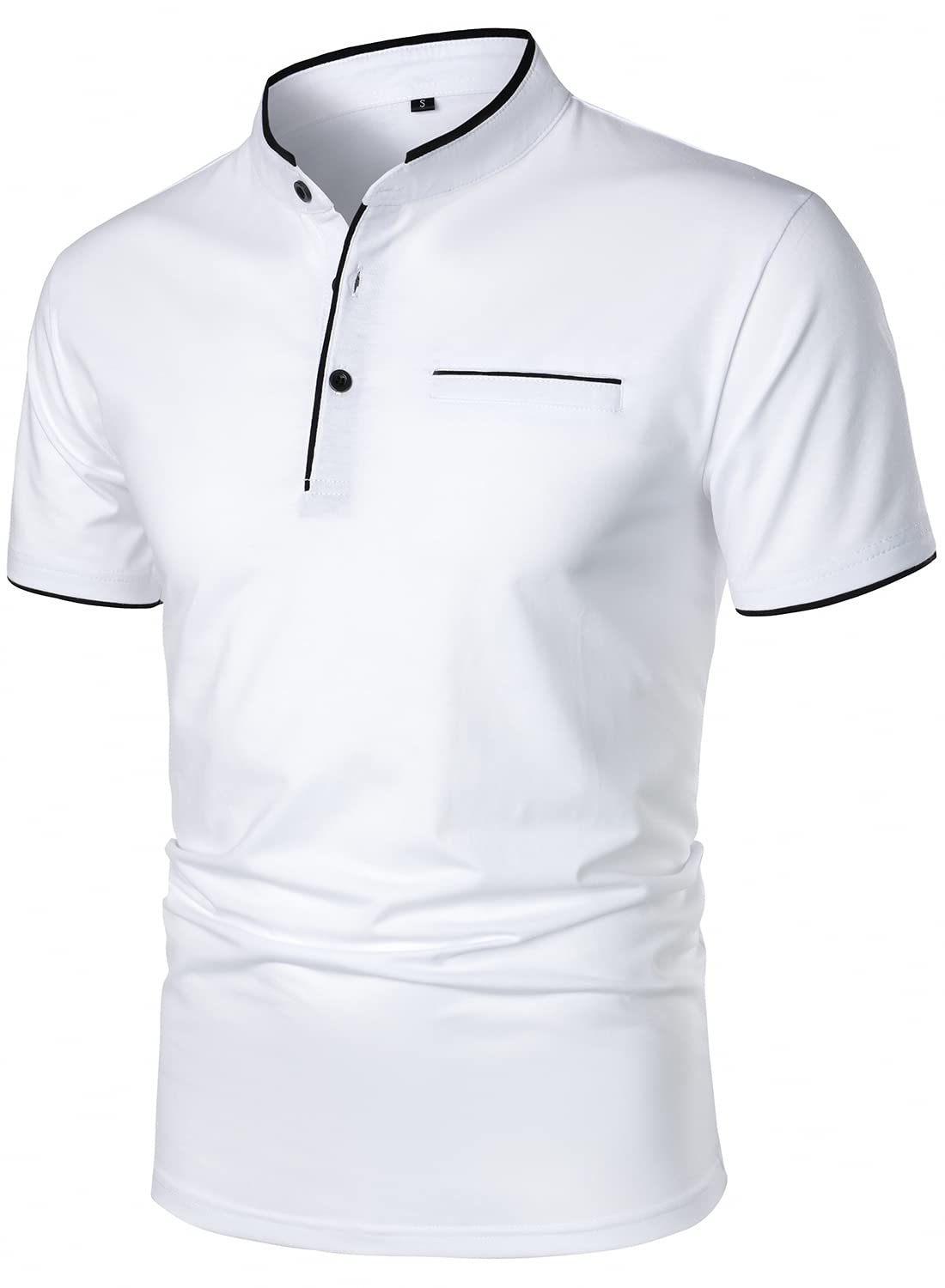HOOD CREW Mens Short Sleeve Stand Collar Tops T-Shirt Casual Regular Fit Basic Designed Polo Shirts White M