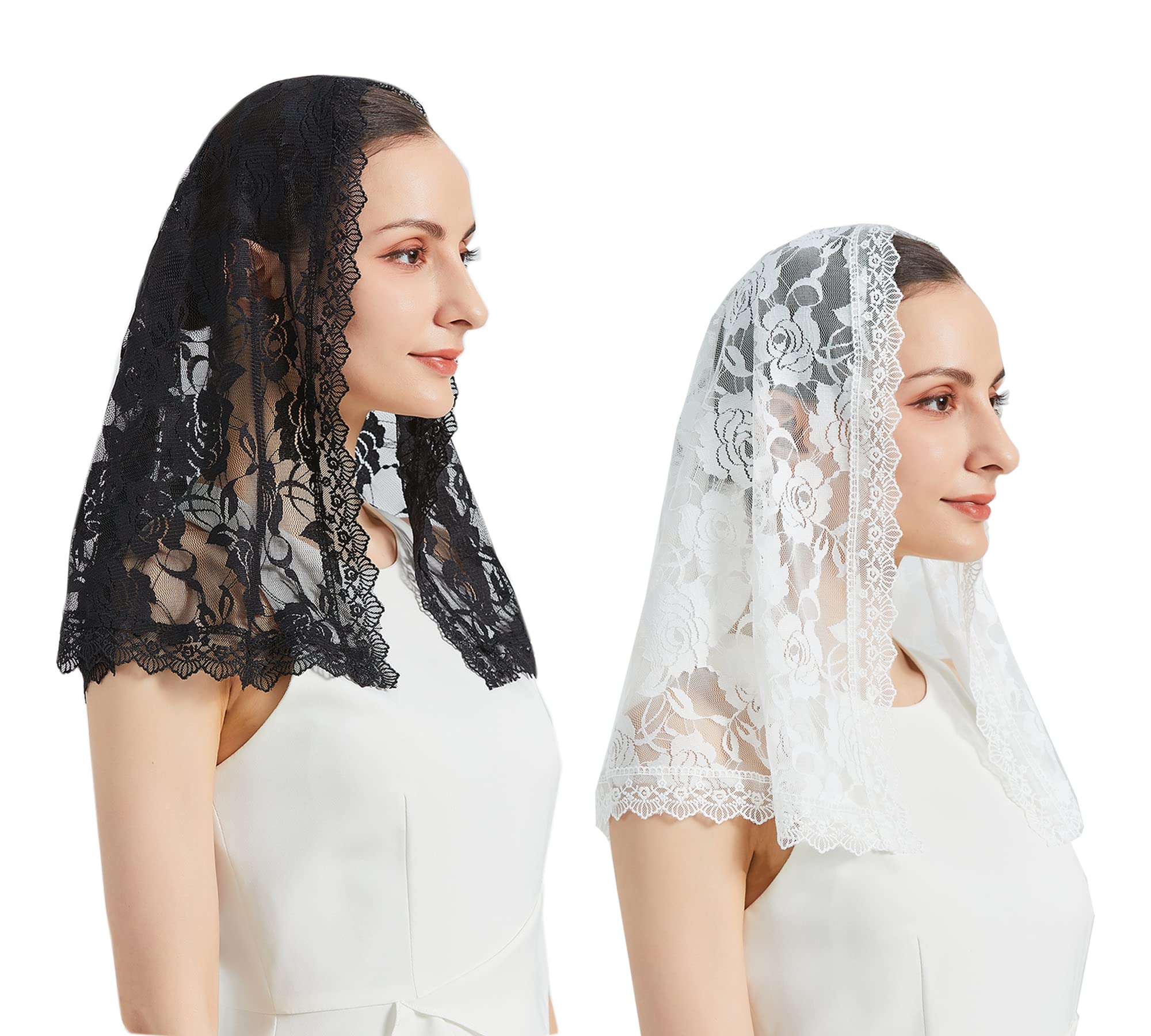 Grettytling Lace Mantilla Veil Soft and comfortable 7 Colors Spanish Style Rose Lace Veil Head Covering D Shape , 2pcs Black&white