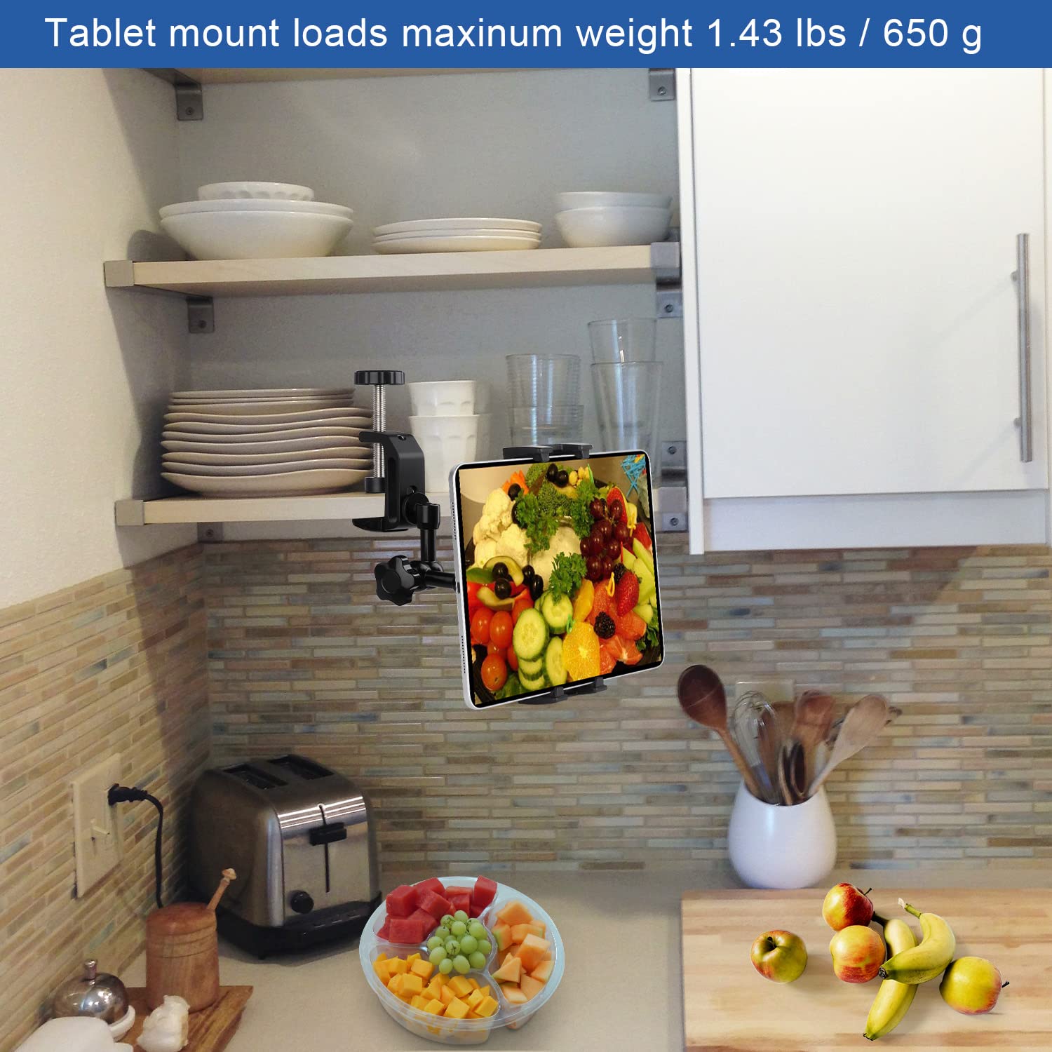 Mippko Kitchen Cabinet Tablet Holder Compatible with 4.7~12.9 inch iPad/Nexus/LG G Pads/e-Reader/Switch/iPhone, Adjustable Aluminum Alloy Arm and Mount, No Drilling Hole, Black