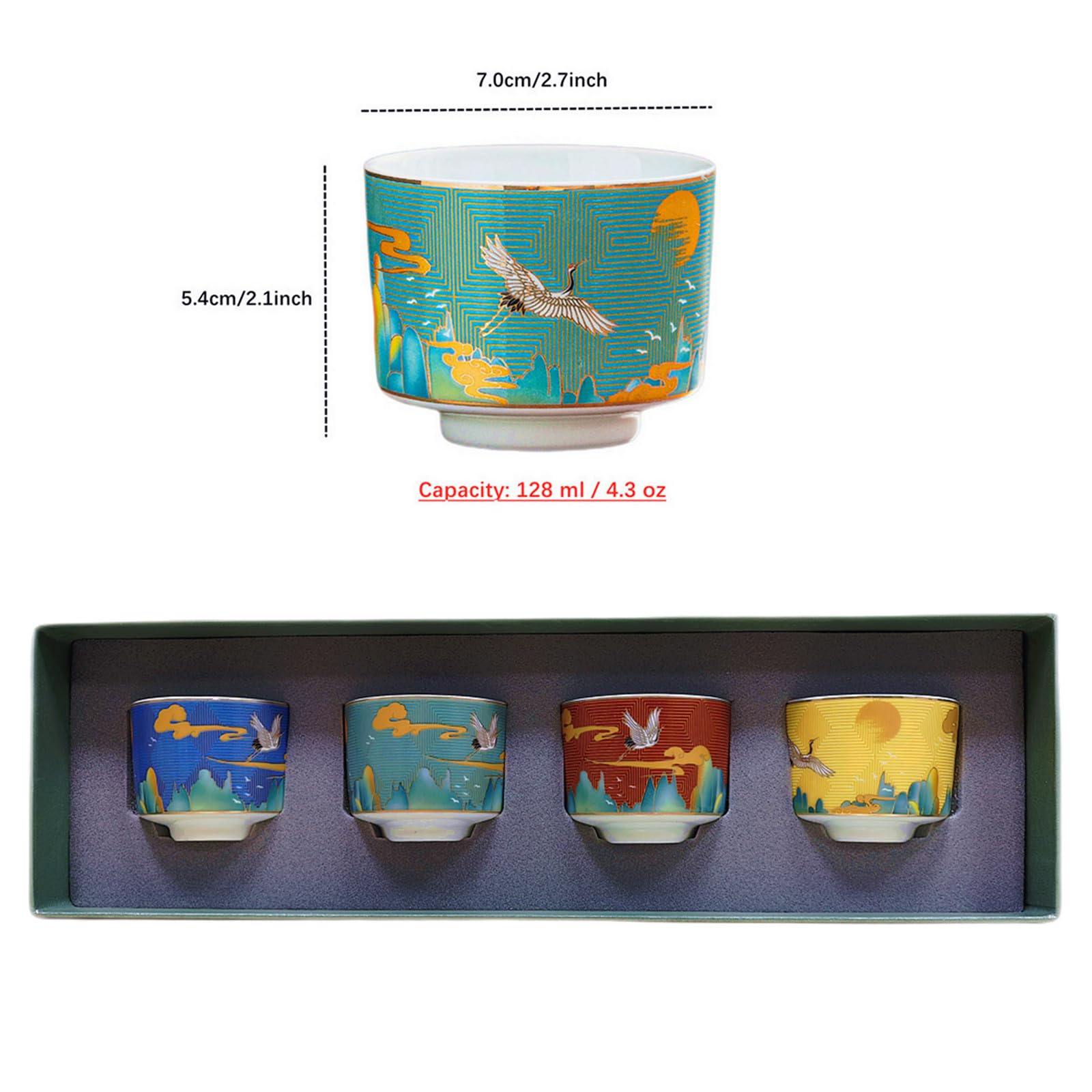 Jianzhan Tenmoku Tea Cups Set of 4, Chinese Ceramic Tea Set, Colorful Kiln Transmutation Kungfu Tea Cups Tiger Head Pattern Teacups - 6 oz