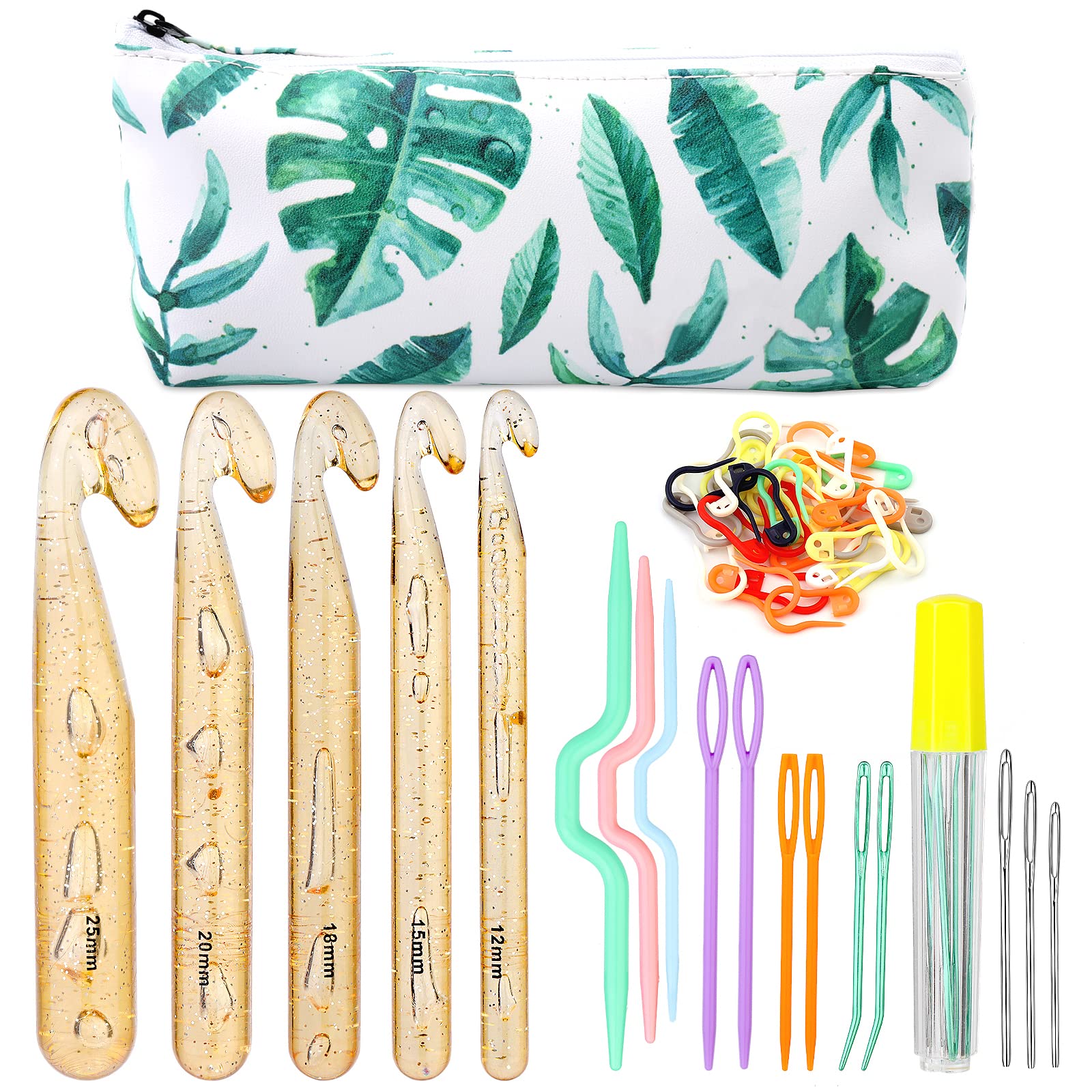 Huge Crochet Hook Set, 12mm-25mm Large Yarn Crochet Hooks Needles, Large Size Handle Knit Crochet Hooks with Knitting Needle Weave Yarn Kits for Chunky Yarn Carpet Weaving