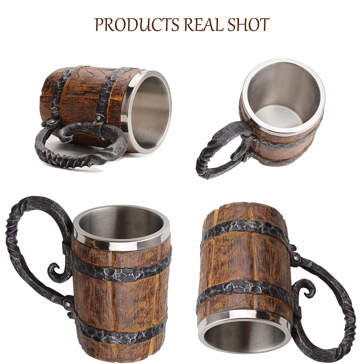 Kndatle Handmade Wooden Barrel Beer Mug, Bucket Shaped Drinkware with Handle, Stainless Steel Double Wall Cocktail Mug for Bar Restaurant, Vintage Bar Accessories (18 oz)