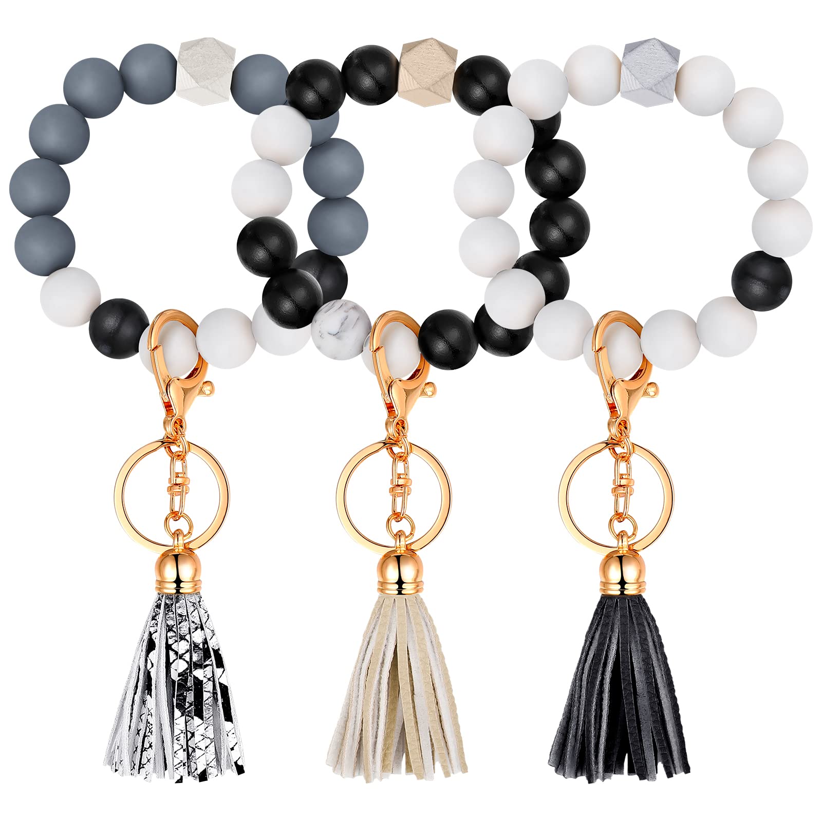 Hicarer 3 Pieces Silicone Key Ring Bracelet Elastic Beaded Keychain Wristlet with Faux Leather Tassel Car Key Ring Holder (Black, White, Navy Blue)
