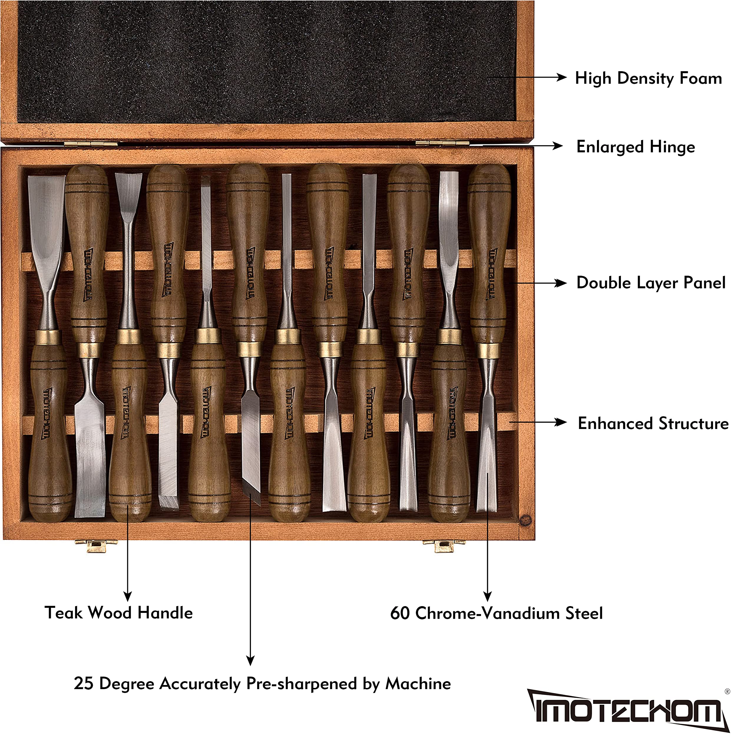 IMOTECHOM 12-Pieces Woodworking Wood Carving Tools Chisel Set with Wooden Box, Razor Sharp CR-V 60 Steel Blades