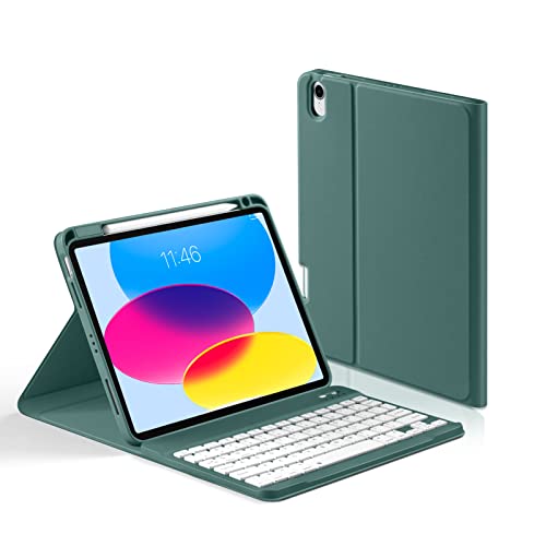Laetass keyboard case for iPad 10th Generation 10.9 inch 2022 with Upper Pen slot,Leather Stand Cover with Built-in Pencil Holder, Magnetic Detachable Wireless Bluetooth Keyboard. (green)