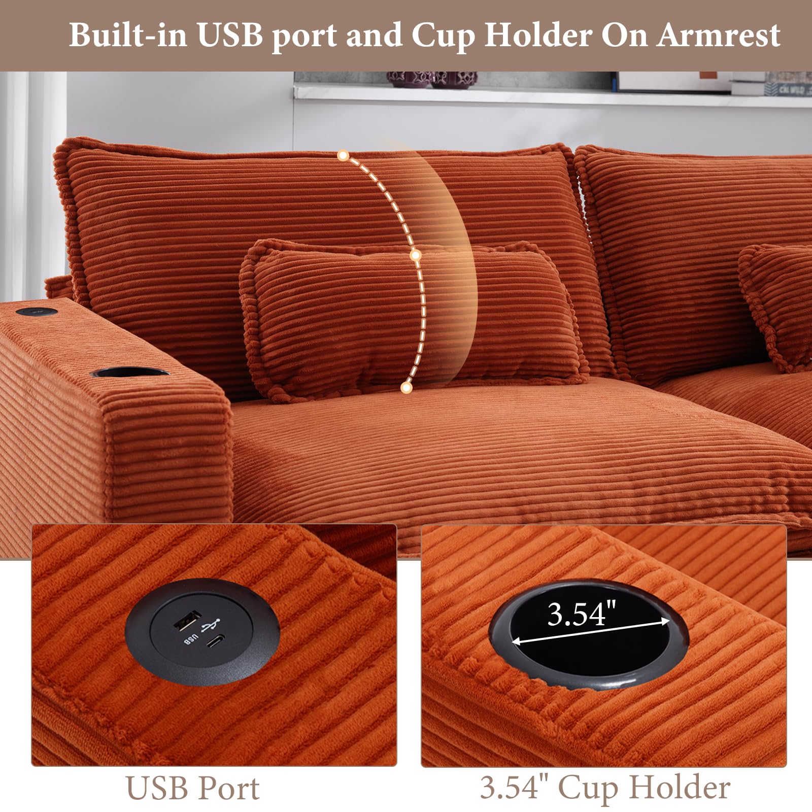 KIVENJAJA Corduroy Cloud Sectional Couch, Modern Comfy Modular L-Shaped Sectional Sofa with Ottoman, Cup Holders & USB Port for Living Room Apartment, 117.7”W, Orange