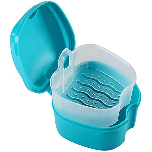 Misaso Blue Denture Case, Denture Cup with Strainer, Denture Bath Box Teeth Storage Box with Basket Net Holder for Travel