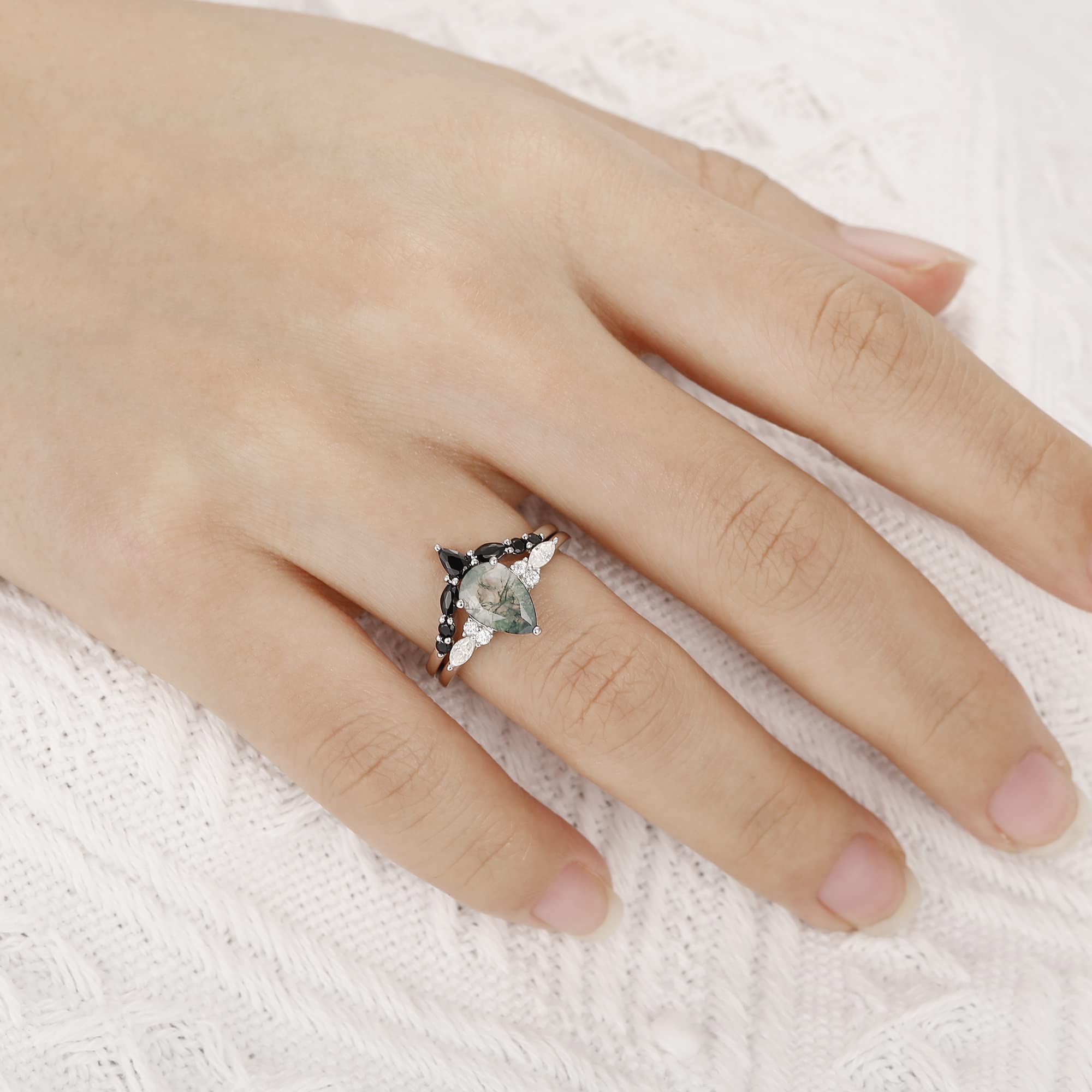 IRROYA 1.50 Carat Pear Cut Natural Moss Agate Wedding Rings Sets,Genuine Moissanite Engagement Ring,Black Spinel Eternity V Shaped Wedding Band, Sterling Silver Platinum, moss agate
