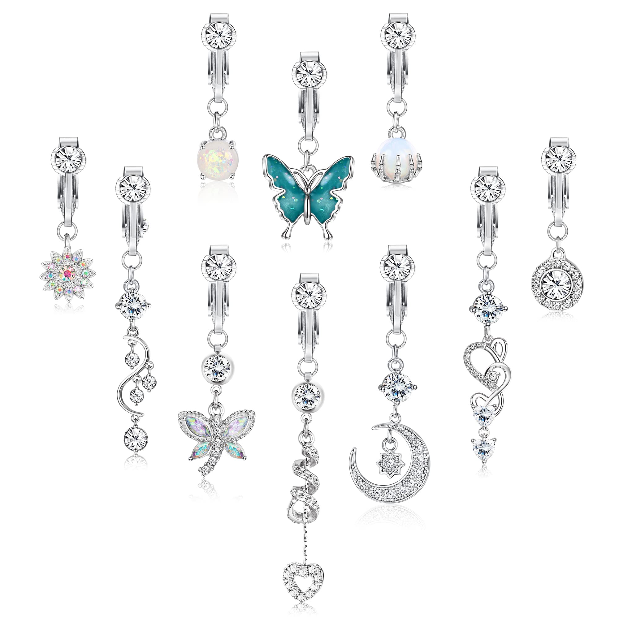 IRONBOX 10 Pcs Fake Belly Ring for Women Fake Dangle Belly Button Rings Non Piercing CZ Opal Butterfly Moon Clip on Belly Button Rings