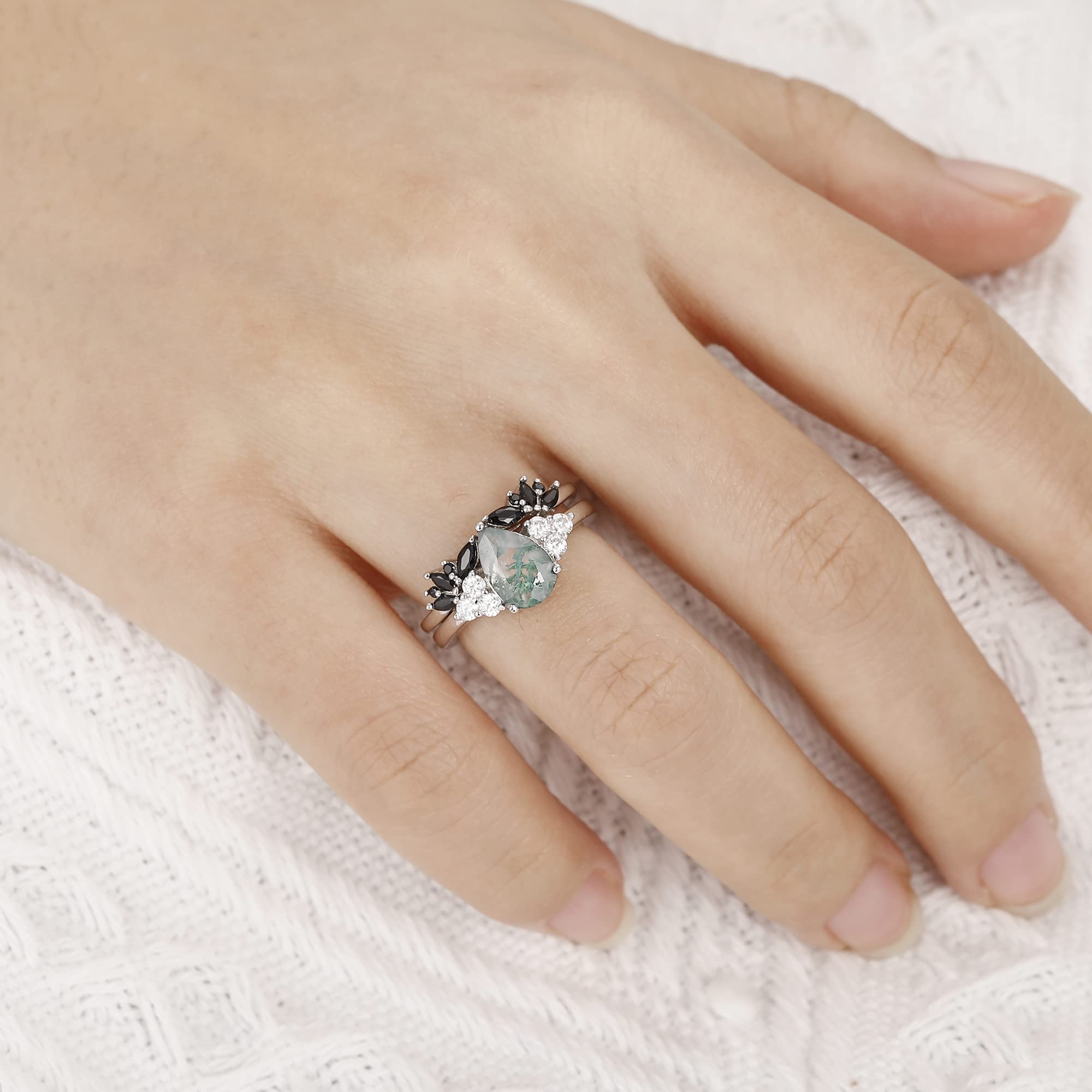 IRROYA 6x9mm Natural Pear Cut Moss Agate Bridal Ring Set,Cluster Genuine Moissanite Engagement Ring,V Shaped Open Ring Band, Sterling Silver Platinum, moss agate