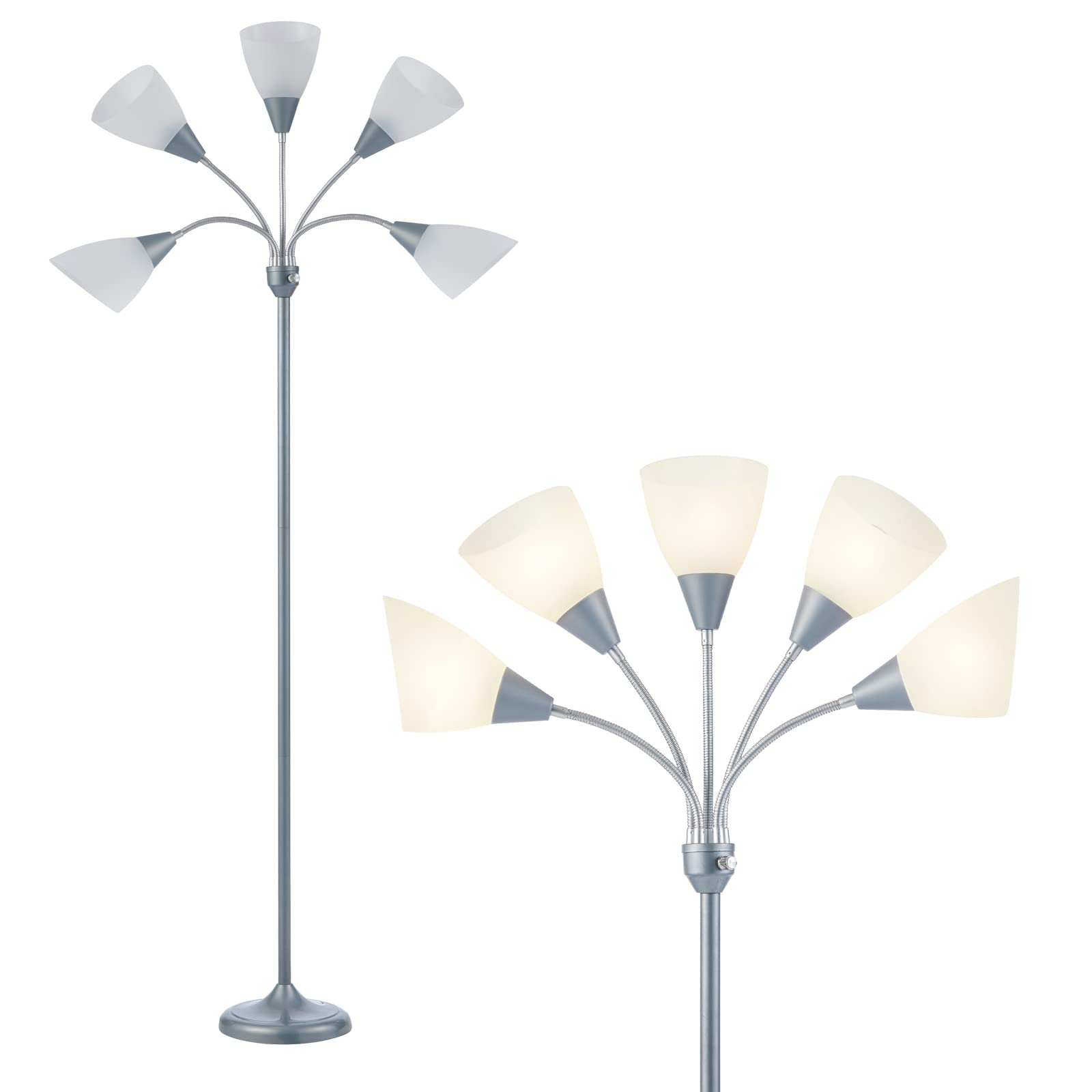 HonoDing Medusa Floor Lamps Standing Lamps 5 Heads Adjustable Reading Light Large Shade Use E26 A19 Bulb Floor Lamps for Living Room Bedroom (Silver)