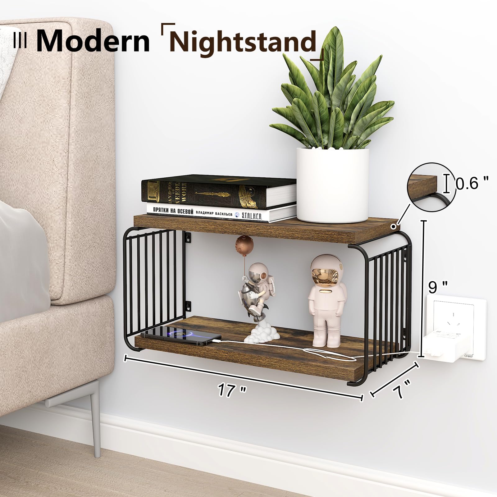 MXCSE Floating Nightstand Shelves β Modern Night Stand for Bedroom, Floating Nightstand, Durable Floating Shelf for Books, Nightstand Bedside Table, Mid Century Wall Shelves Nightstand (2, Brown)