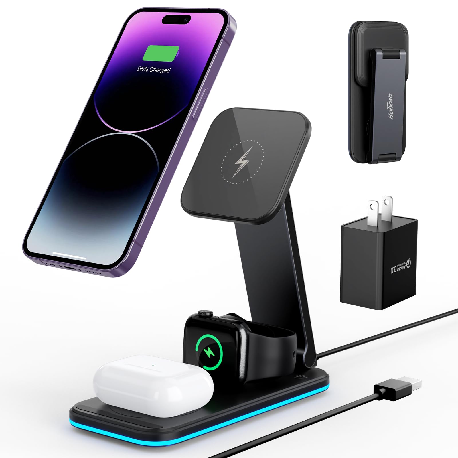 Hohosb Magnetic Charging Station, 3 in 1 Foldable Wireless Charger Stand[Compatible with Magsafe Charger] for iPhone 15/14/13/12 Series, AirPods Pro/3/2,Apple Watch/iWatch(18W Adapter Included)-Black