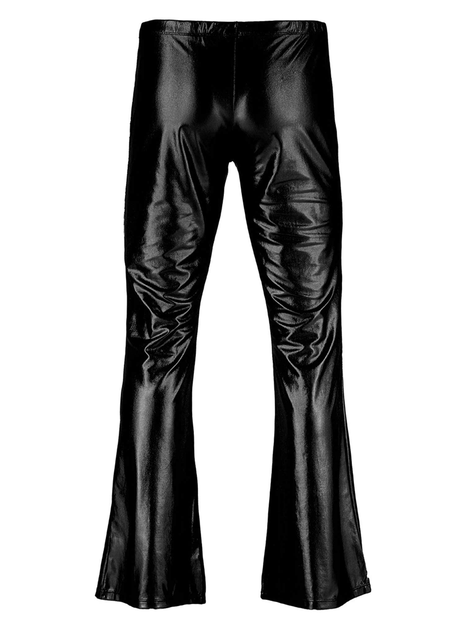 Hedmy Men's Shiny Faux Leather Disco Trousers Bell Bottoms Flared Long Pants Motorcycle Leggings Black Large